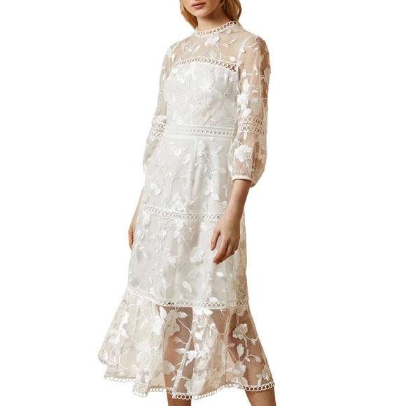 Ted Baker London | Dresses | Ted Baker Ivory Tiered Floral Lace Midi ...